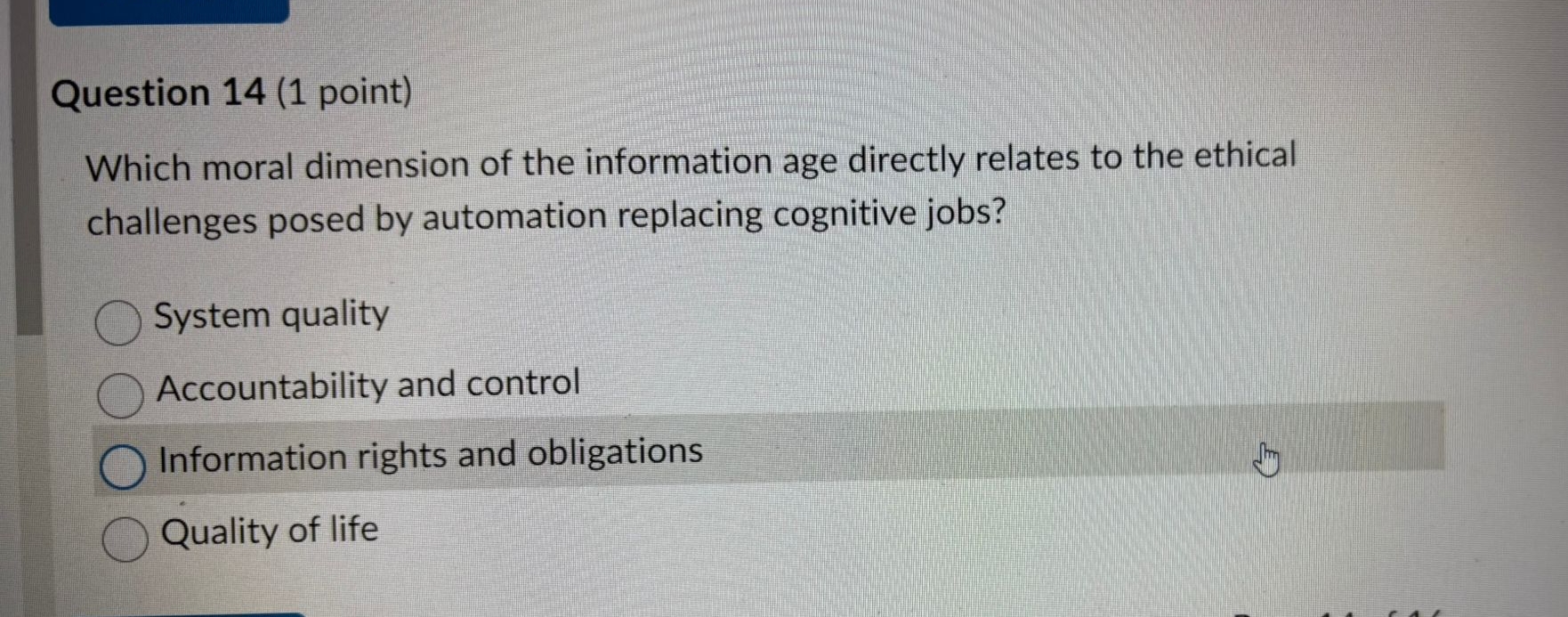 Solved Question 14 (1 ﻿point)Which moral dimension of the | Chegg.com