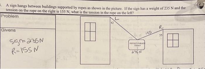 Solved A sign hangs between buildings supported by ropes as | Chegg.com