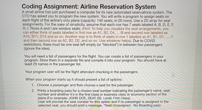 Solved Coding Assignment: Airline Reservation System A small | Chegg.com