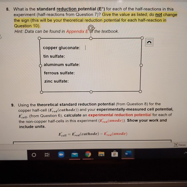 8. What is the standard reduction potential (EⓇ) for | Chegg.com