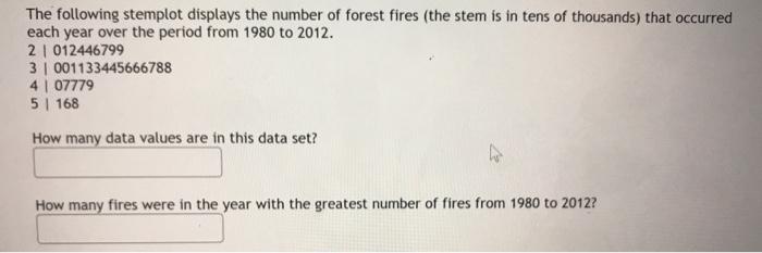 Solved The following stemplot displays the number of forest | Chegg.com