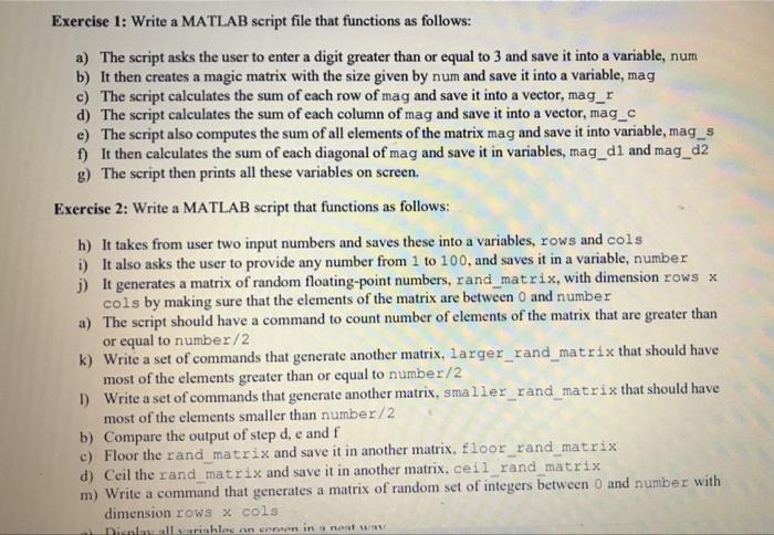 Solved Exercise 1 Write A Matlab Script File That Functions
