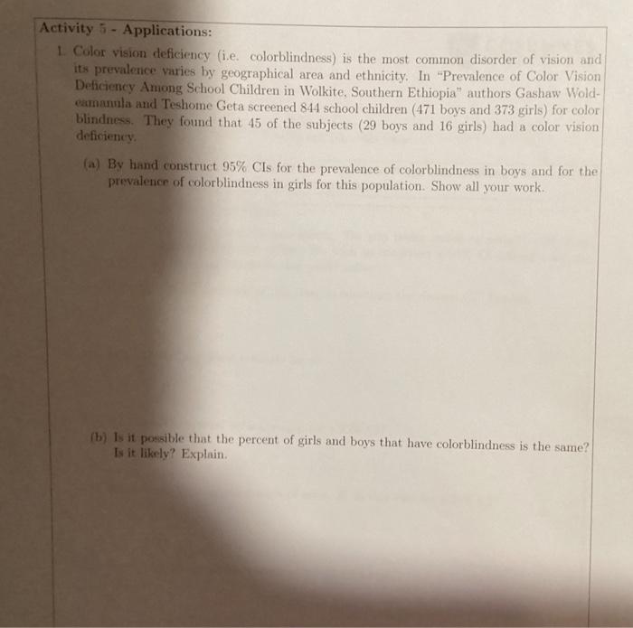 Solved ctivity 5 - Applications: 1. Color vision deficiency | Chegg.com