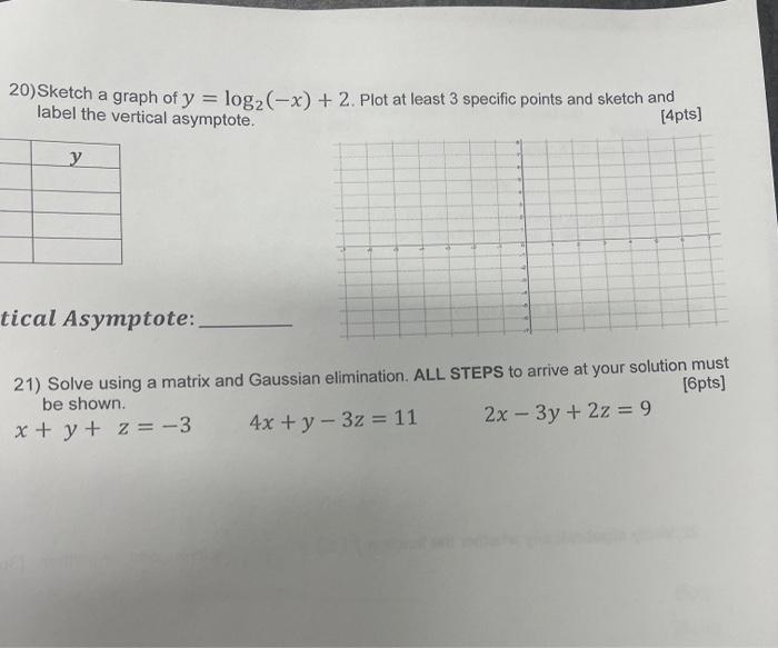 Solved 20) Sketch a graph of y=log2(−x)+2. Plot at least 3 | Chegg.com