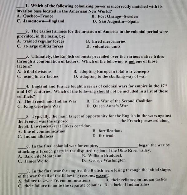 1. Which of the following colonizing power is | Chegg.com