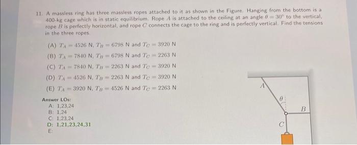 Solved 11. A massless ring has three massless ropes attached | Chegg.com