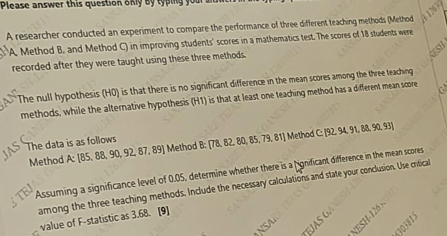 Solved A researcher conducted an experiment to compare the | Chegg.com