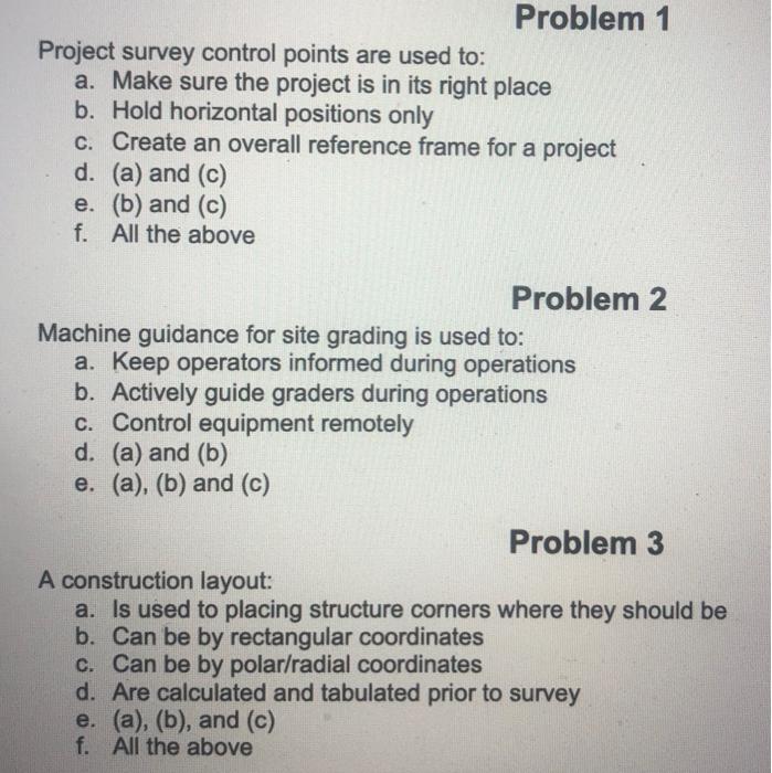 Solved Problem 1 Project survey control points are used to: | Chegg.com