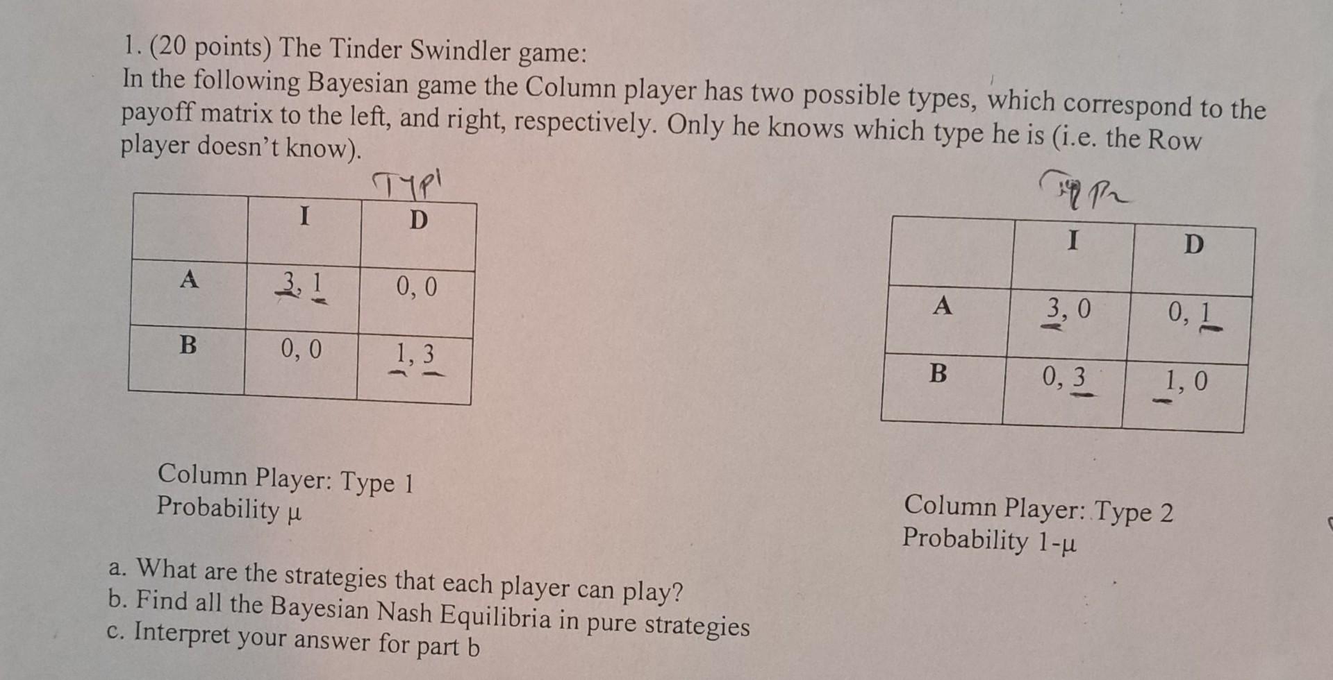 Solved 1. ( 20 points) The Tinder Swindler game: In the | Chegg.com