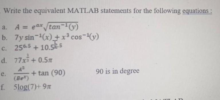Solved Write The Equivalent Matlab Statements For The 5937