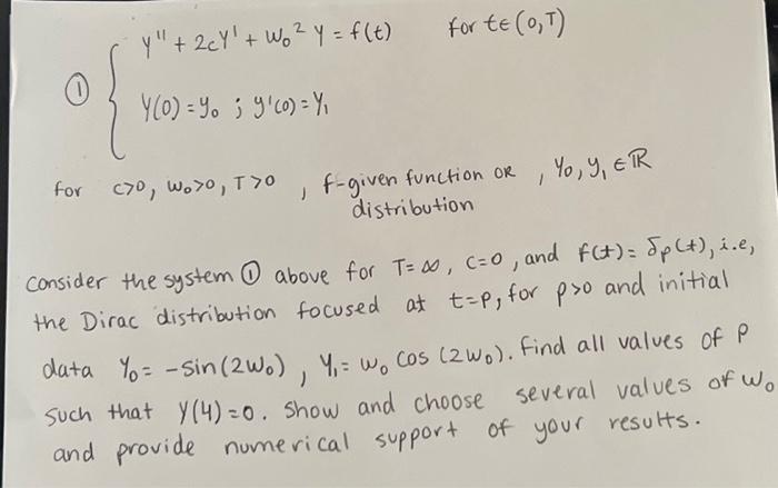 Solved (1) {y′′+2cy′+w02y=f(t) for t∈(0,T)y(0)=y0;y′(0)=y1 | Chegg.com