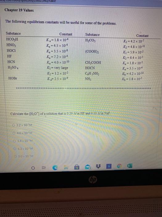 Solved Chapter 19 Values The following equilibrium constants | Chegg.com