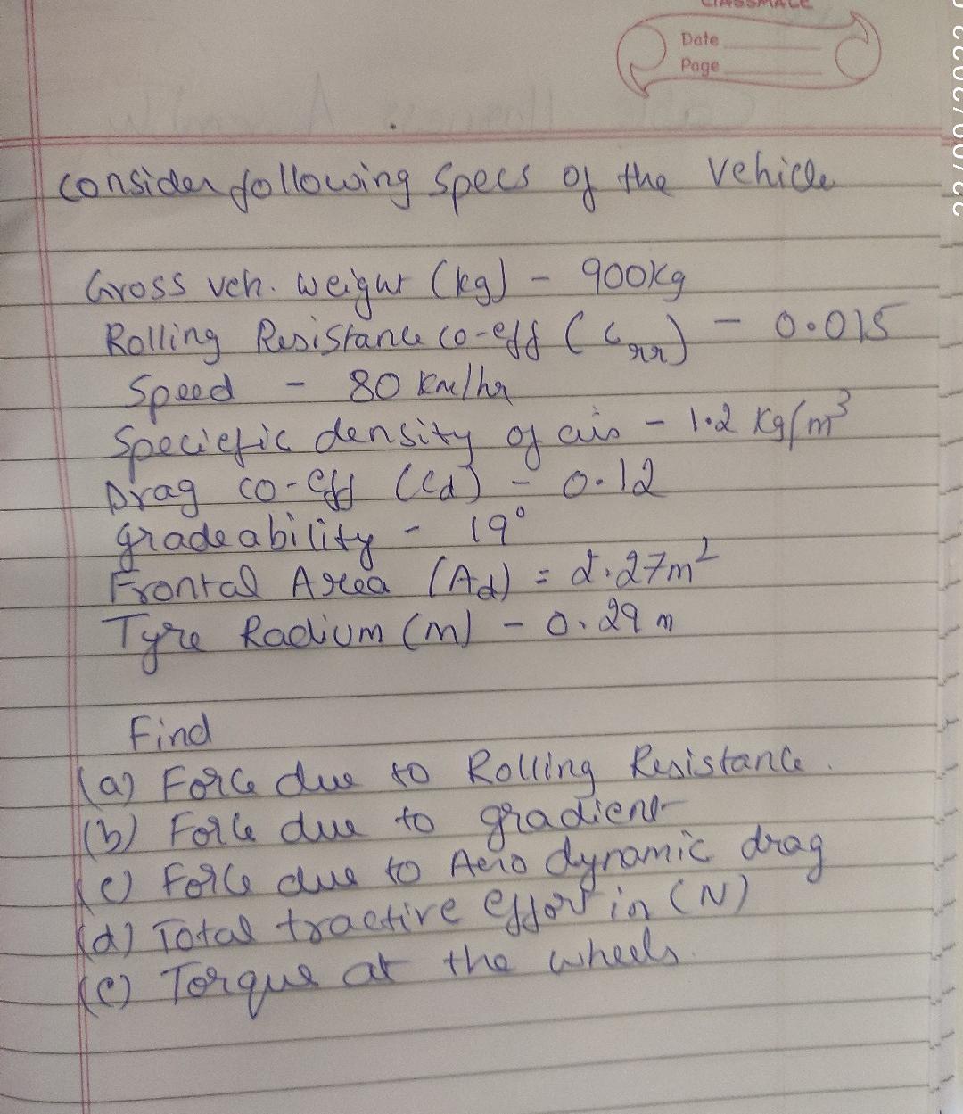 Solved consider following spees of the vehicle Gross veh. | Chegg.com