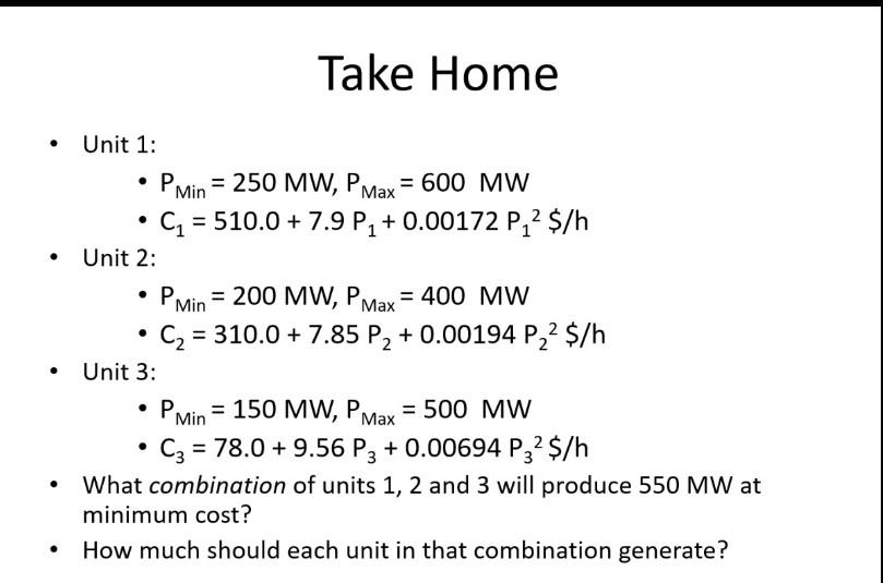 Solved Take Home - Unit 1: - PMin =250MW,PMax =600MW - | Chegg.com