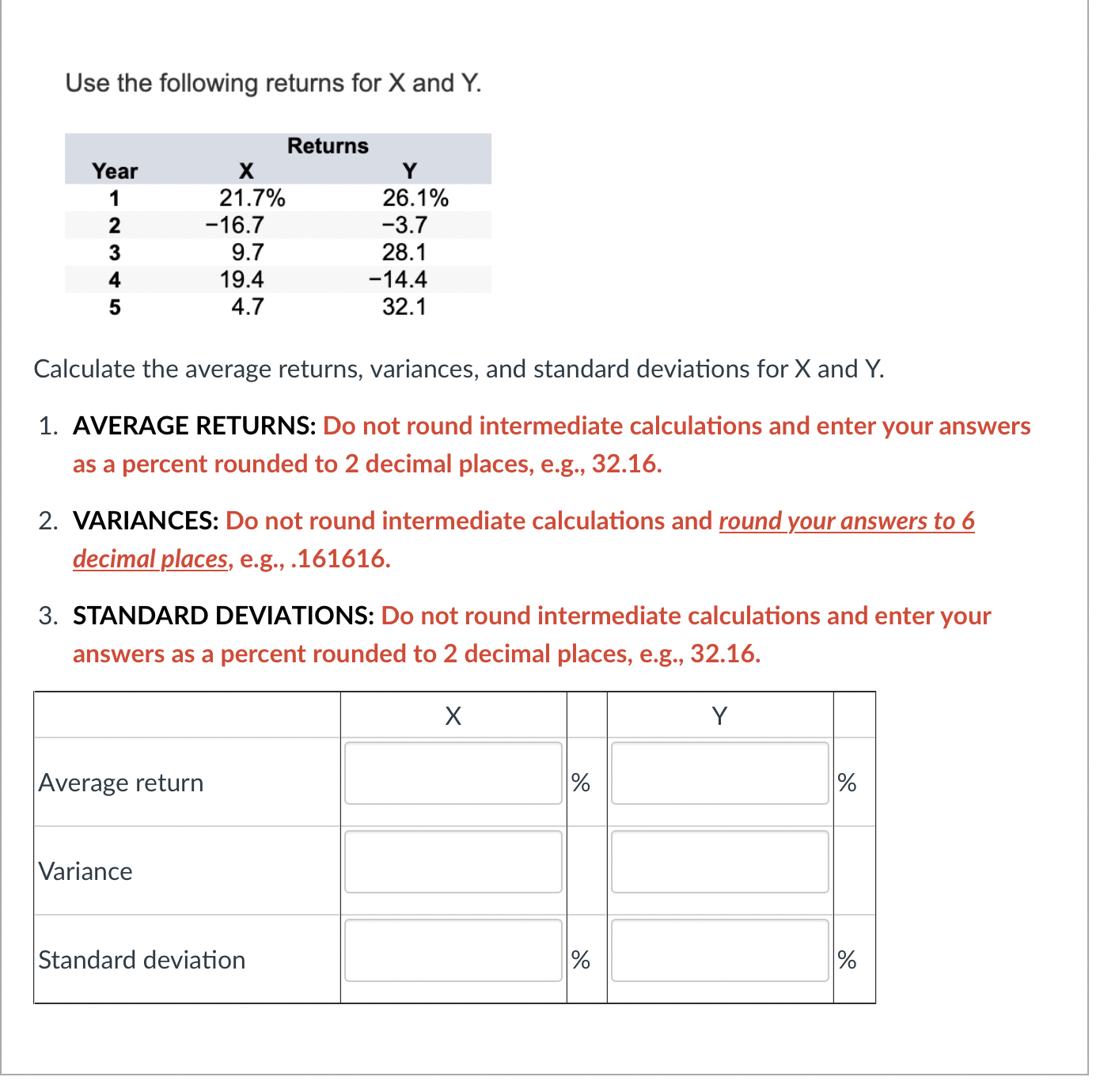 Use the following returns for x ﻿and Y.Calculate the | Chegg.com