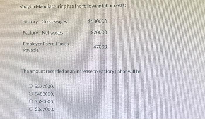 Solved Vaughn Manufacturing has the following labor costs: | Chegg.com