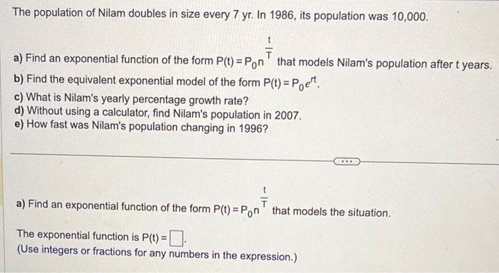 Solved The population of Nilam doubles in size every 7yr. In | Chegg.com