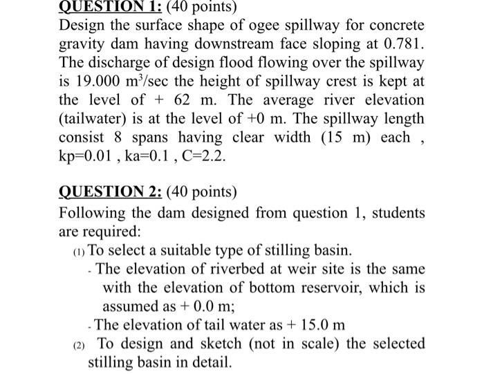 Solved Design the surface shape of ogee spillway for | Chegg.com