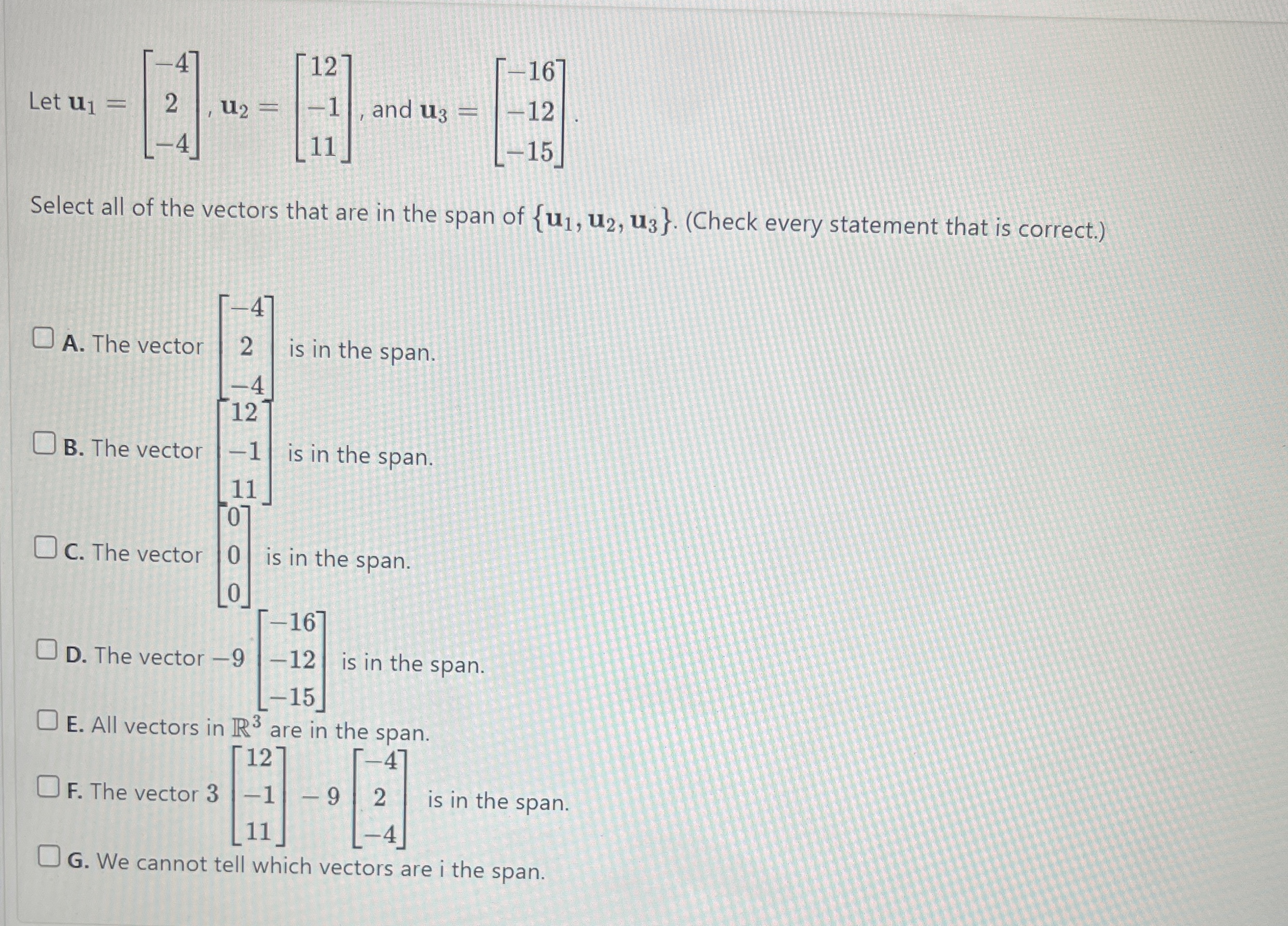 Solved Dejaru1=[-42-4],u2=[12-111] , ﻿yu3=[-16-12-15] | Chegg.com