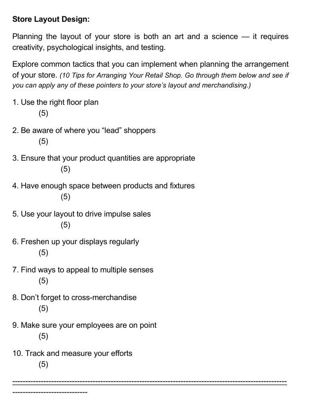 Solved Store Layout Design: Planning the layout of your | Chegg.com