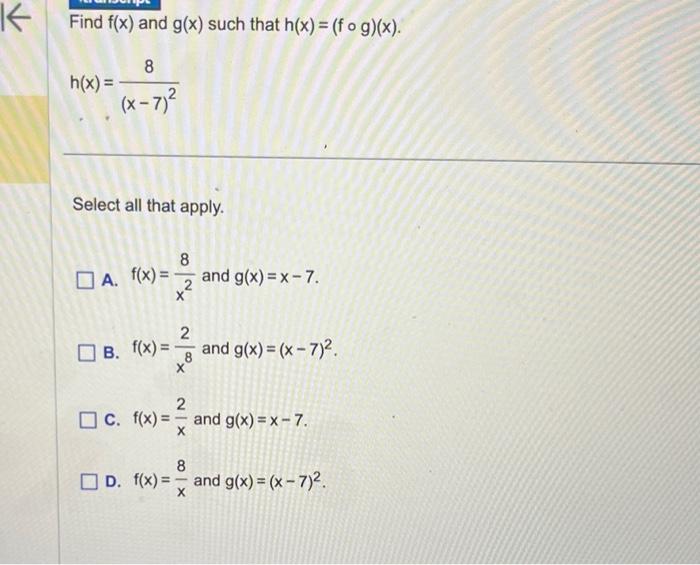Solved Find f(x) and g(x) such that h(x)=(f∘g)(x) | Chegg.com