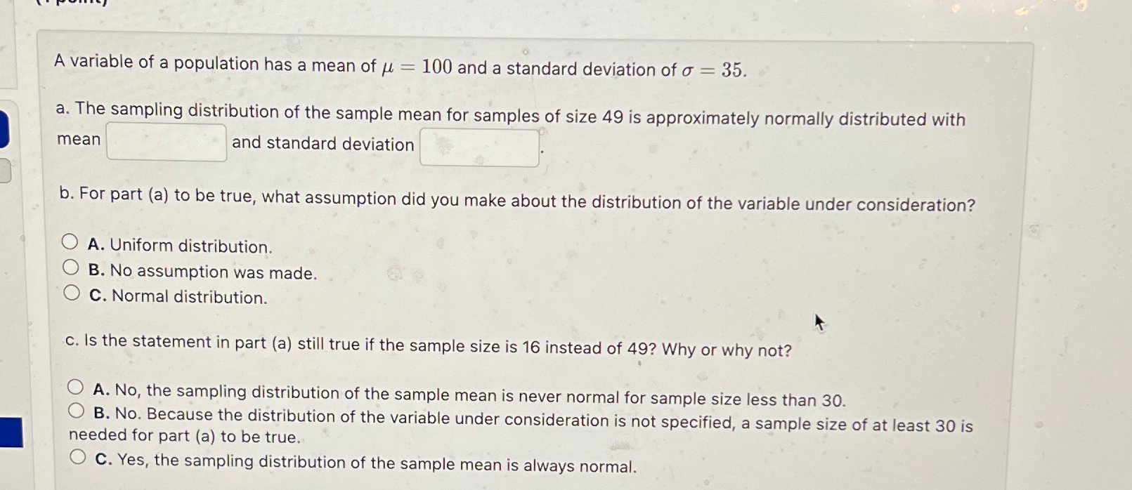 Solved A variable of a population has a mean of μ=100 ﻿and a | Chegg.com