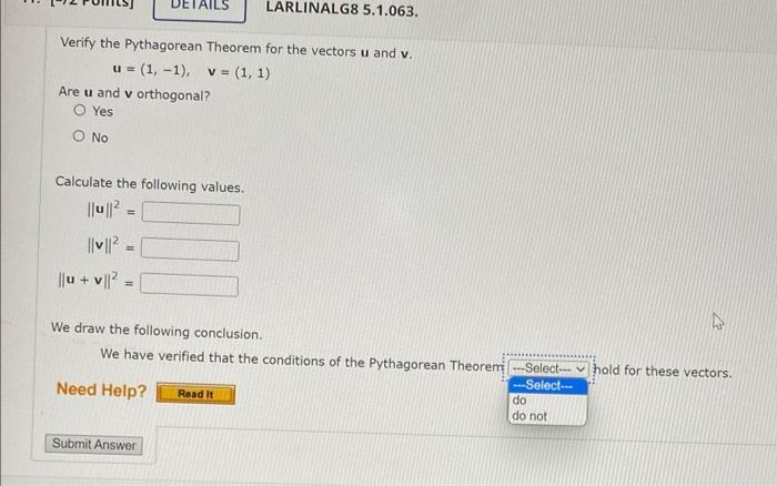 Solved Verify the Pythagorean Theorem for the vectors u and | Chegg.com