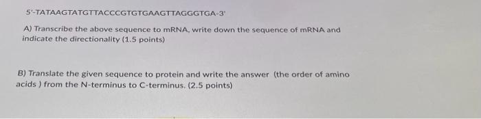 Solved A) Transcribe the above sequence to mRNA, write down | Chegg.com