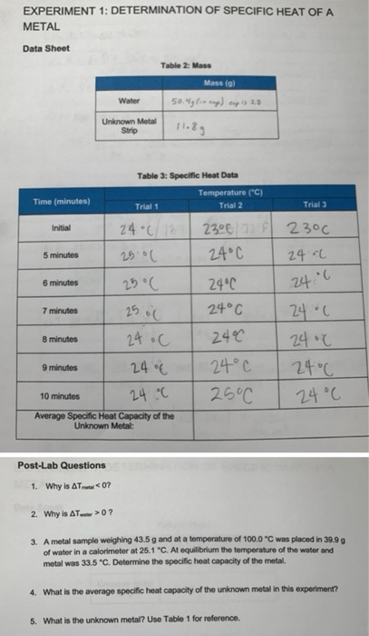Solved EXPERIMENT 1: DETERMINATION OF SPECIFIC HEAT OF A | Chegg.com
