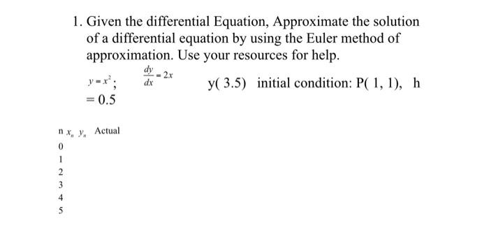Solved 1. Given the differential Equation, Approximate the | Chegg.com