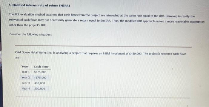 Solved 4. Modified internal rate of return (MIRR) The IRR | Chegg.com