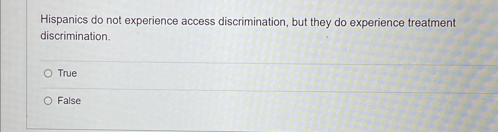 Solved Hispanics do not experience access discrimination, | Chegg.com