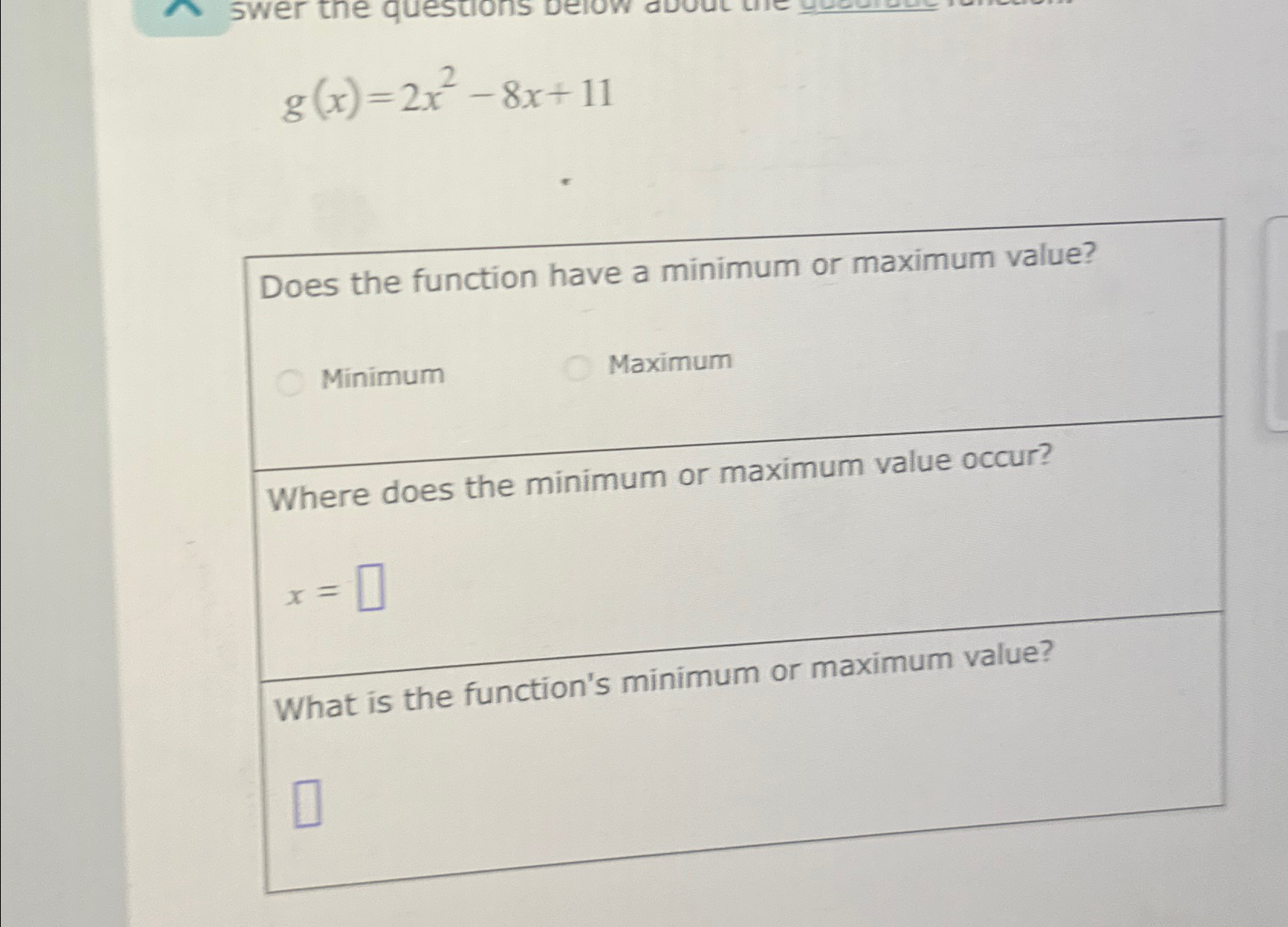 Solved g(x)=2x2-8x+11Does the function have a minimum or | Chegg.com