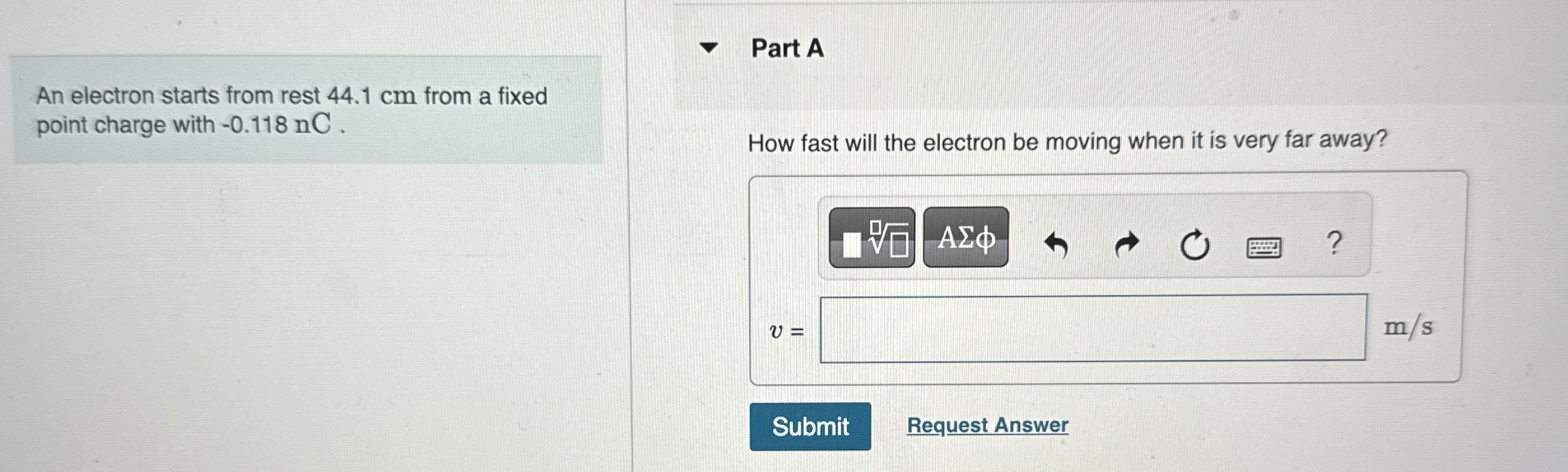 Solved An electron starts from rest 44.1 ﻿cm from a fixed | Chegg.com