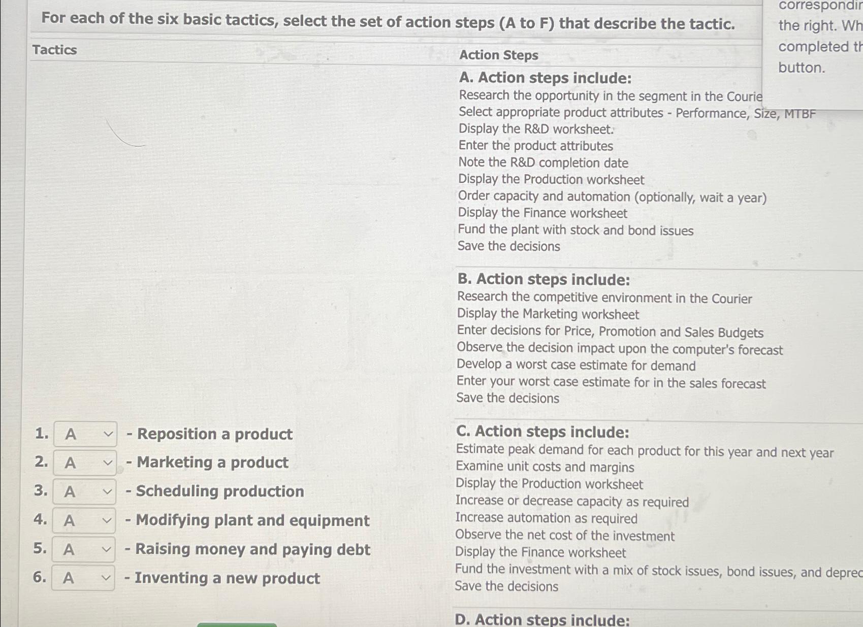 Solved For each of the six basic tactics, select the set of | Chegg.com