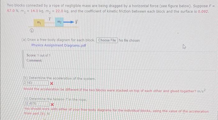 Solved wo blocks connected by a rope of negligible mass are | Chegg.com