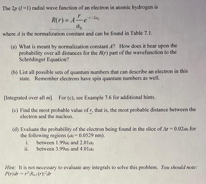 Solved The 2p L 1 Radial Wave Function Of An Electron In