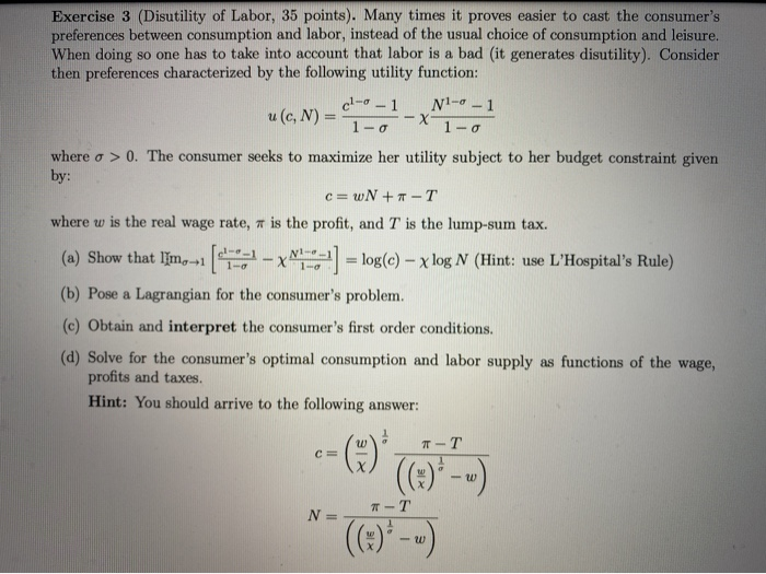 Solved Exercise 3 (Disutility of Labor, 35 points). Many | Chegg.com