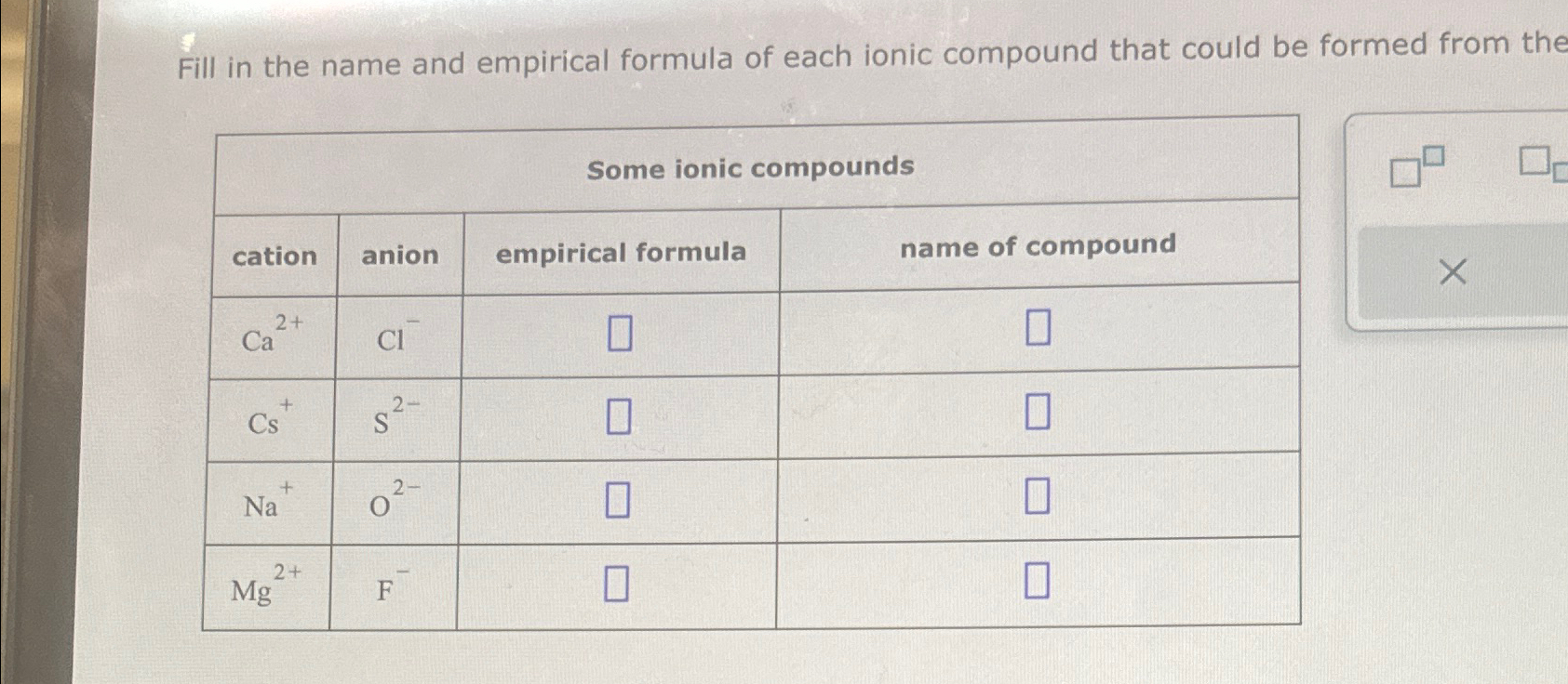 Solved Fill in the name and empirical formula of each ionic | Chegg.com