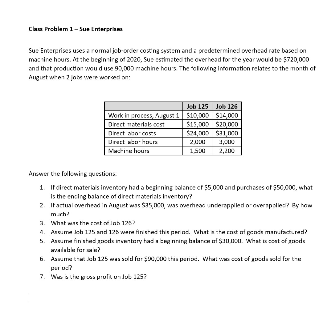Solved Class Problem 1 - ﻿Sue EnterprisesSue Enterprises | Chegg.com