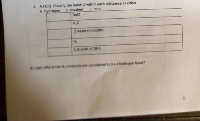 Solved 4. A.(1pt). Classify the bond(s) within each | Chegg.com