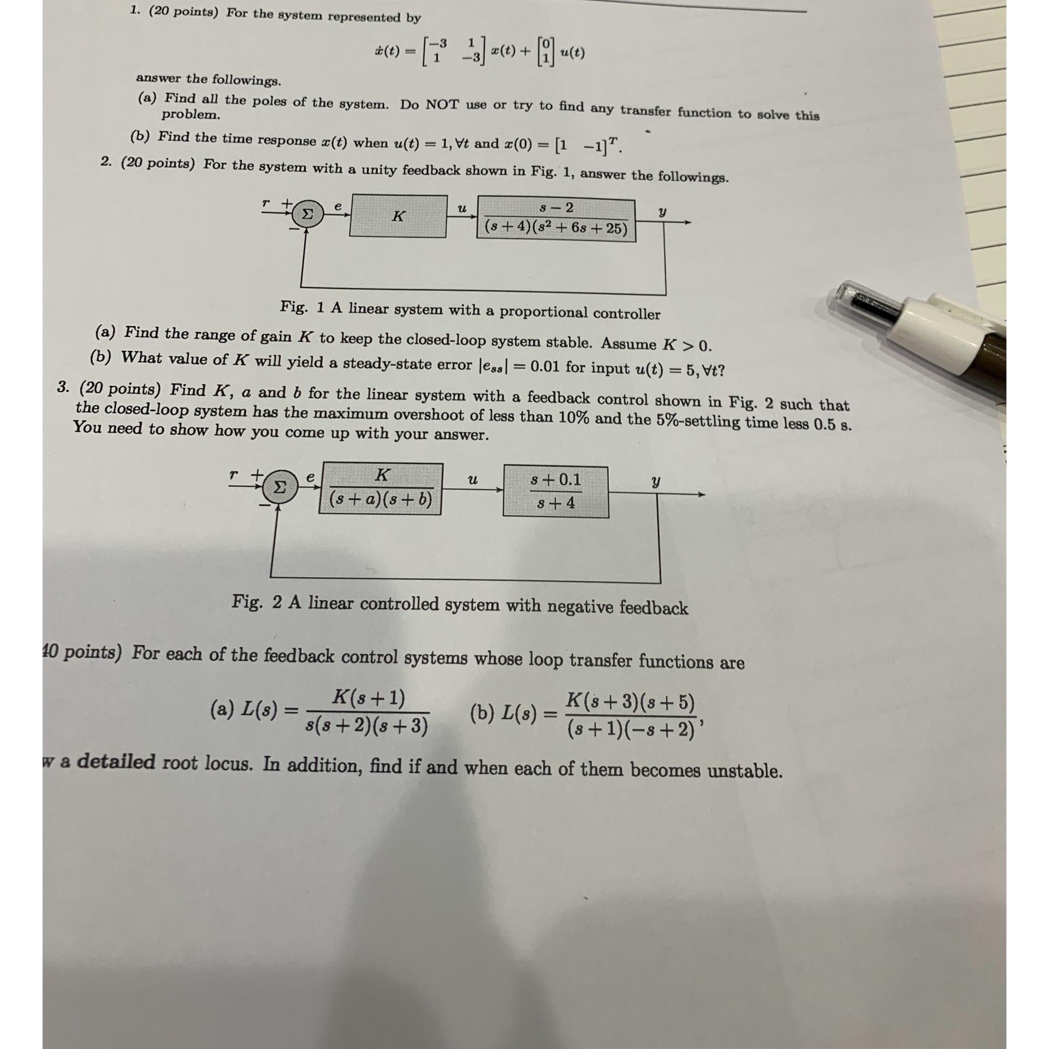 Solved (20 ﻿points) ﻿For the system represented | Chegg.com