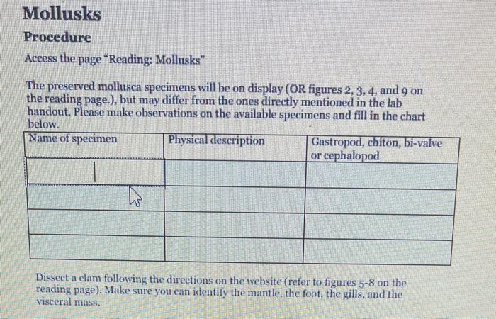 Mollusks Procedure Access the page "Reading: | Chegg.com