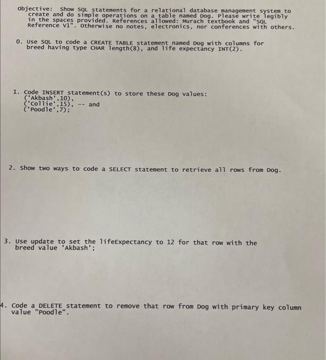 Solved objective: Show SQL statements for a relational | Chegg.com