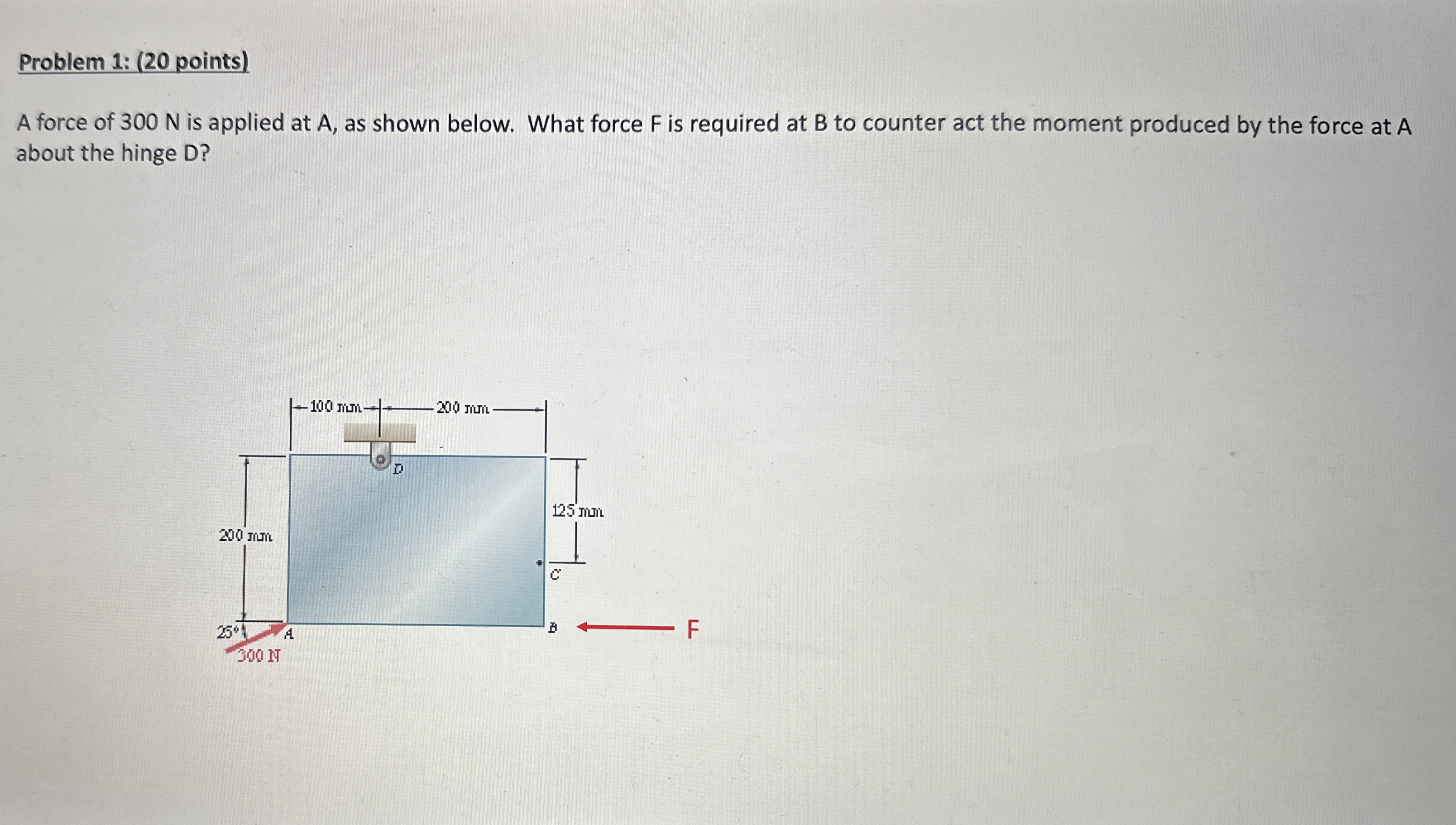 Problem 1: (20 ﻿points)A force of 300 ﻿N is applied | Chegg.com