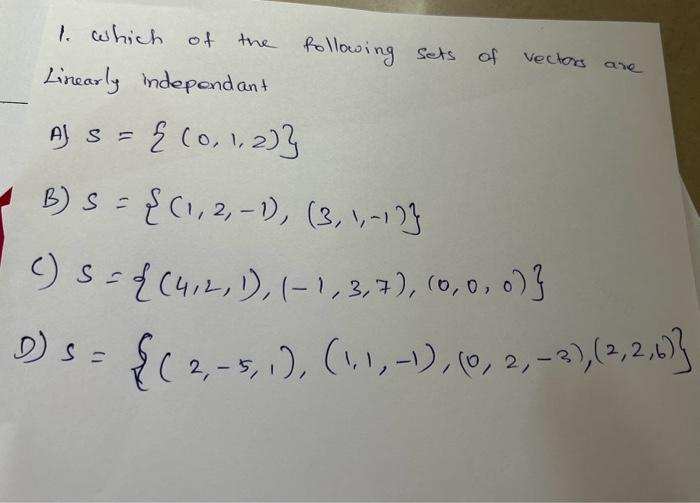 Solved 1. which of the following sets of vector are Linearly | Chegg.com