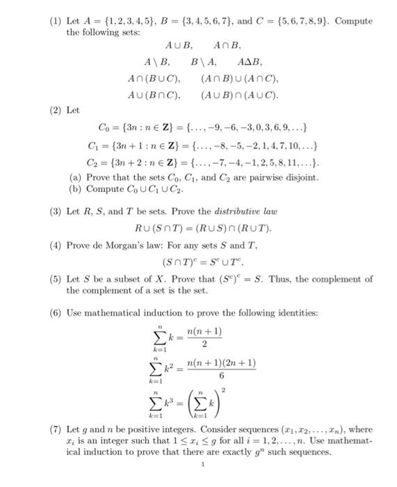 Solved (1) Let A = {1,2,3,4,5), B = {3,4,5,6,7), and C = | Chegg.com