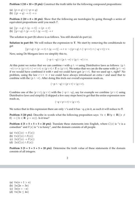 Solved Problem 1 (10 + 10 = 25 pts): Construct the truth | Chegg.com