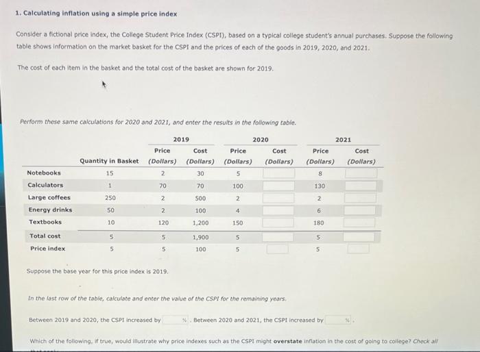 Solved 1. Calculating inflation using a simple price index | Chegg.com