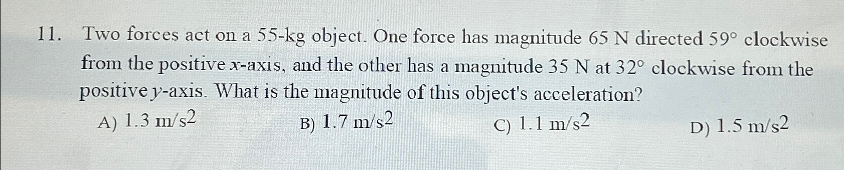 Solved Two Forces Act On A 55 Kg ﻿object One Force Has